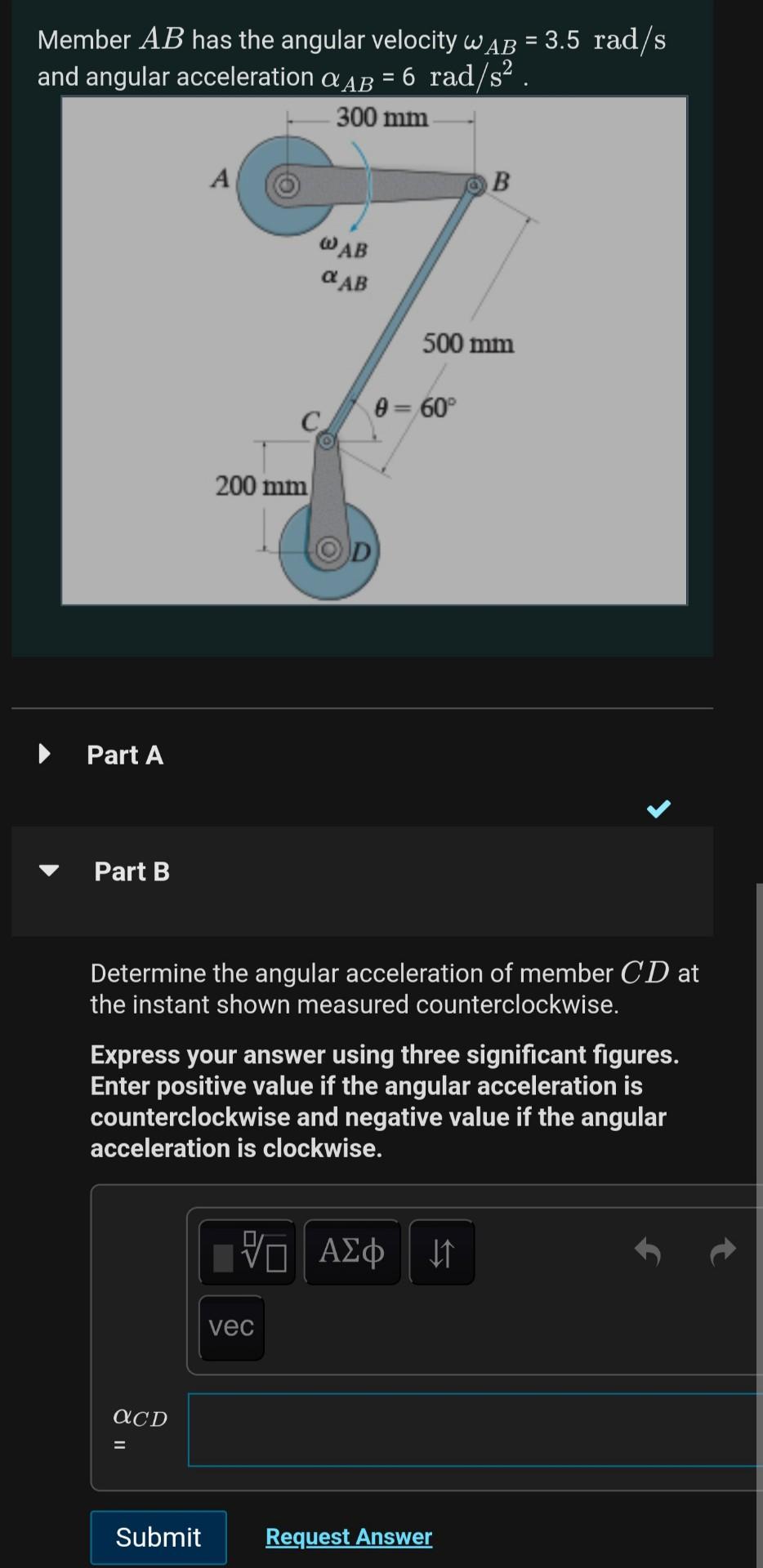 Solved Member AB has the angular velocity ωAB=3.5rad/s and | Chegg.com