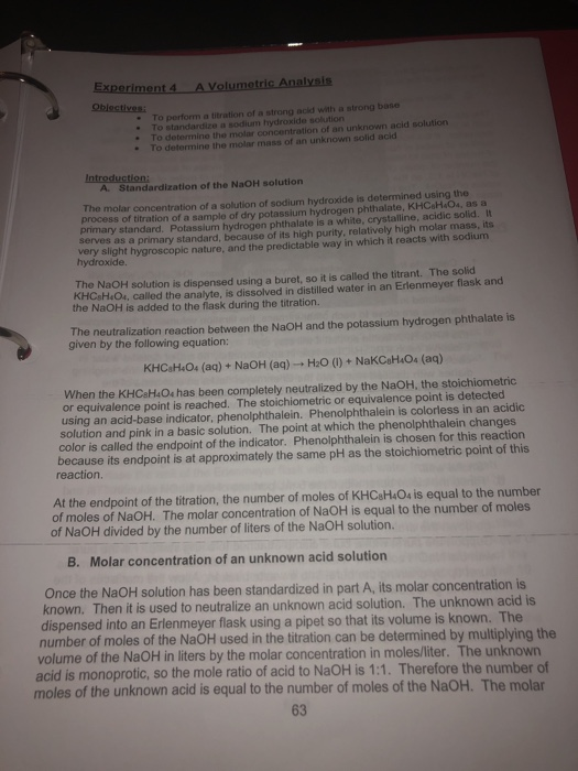 A Volumetric Analysis Experiment 4 Oblectives: To | Chegg.com