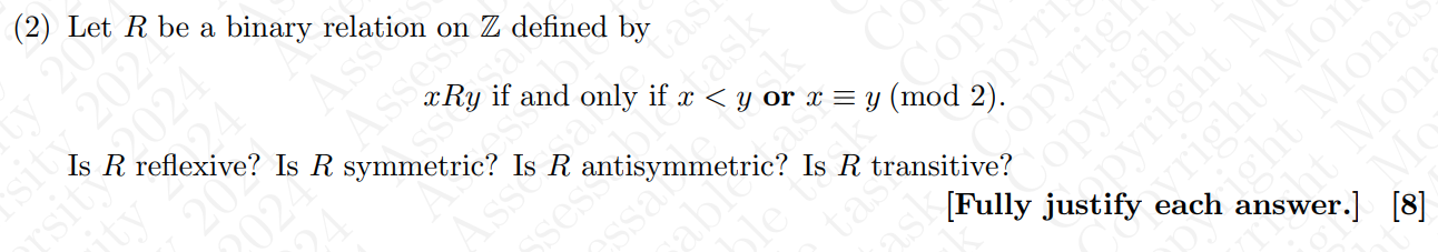 Solved (2) ﻿Let R ﻿be a binary relation on Z ﻿defined byxRy | Chegg.com