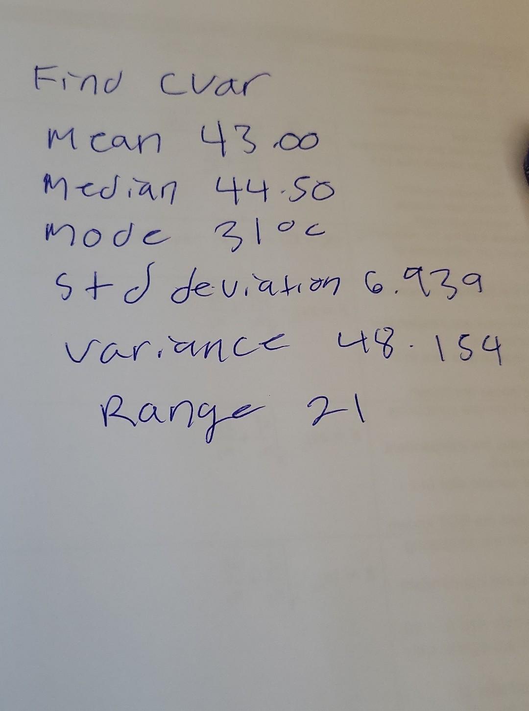 Solved Find cvar mean 43.00 Median 44.50 mode 310c s+∫ | Chegg.com
