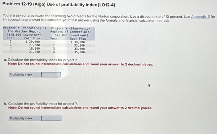 Solved Problem 12-19 (Algo) Use of profitability index | Chegg.com