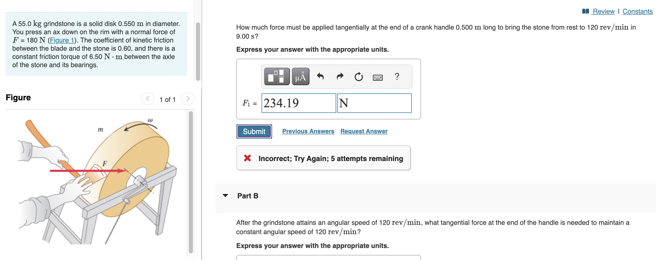 Solved A 55.0kg ﻿grindstone is a solid disk 0.550m ﻿in | Chegg.com