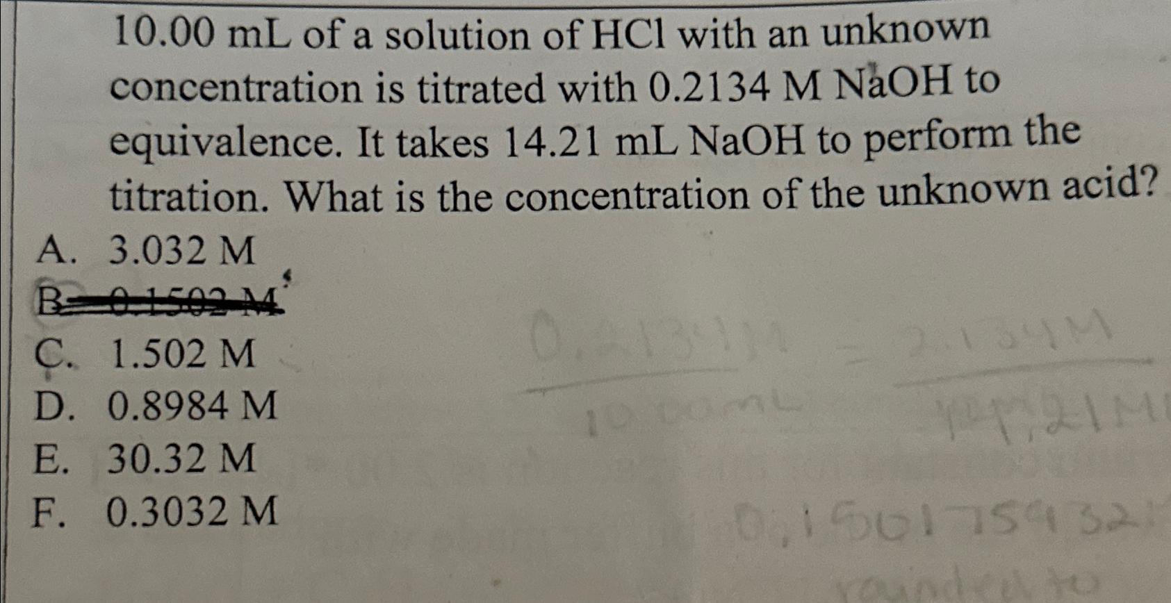 Solved 10.00 ﻿mL os10.00mL ﻿of a solution of HCl ﻿with an | Chegg.com