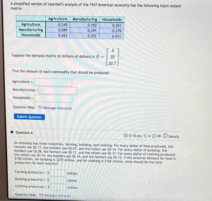 Solved A simplified version of Leontief's analysis of the | Chegg.com