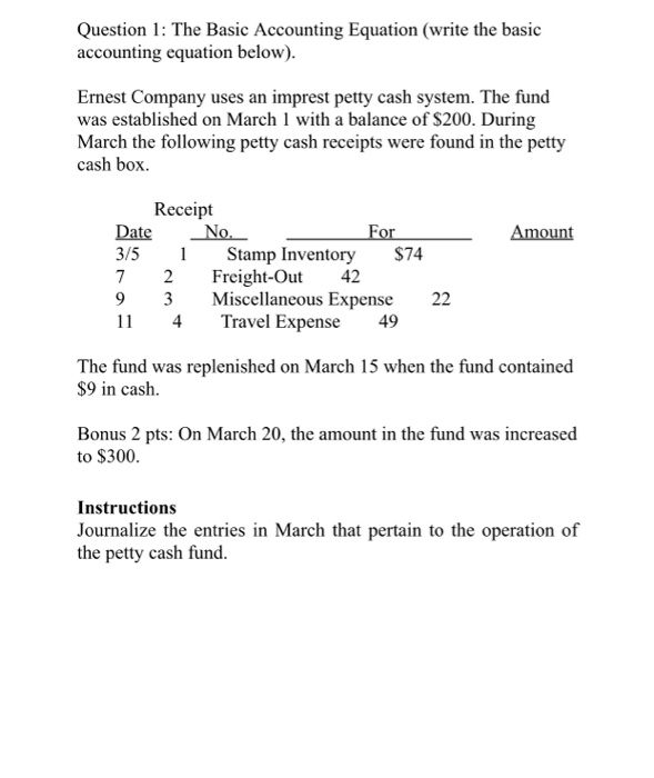 Solved Question 1: The Basic Accounting Equation (write the | Chegg.com