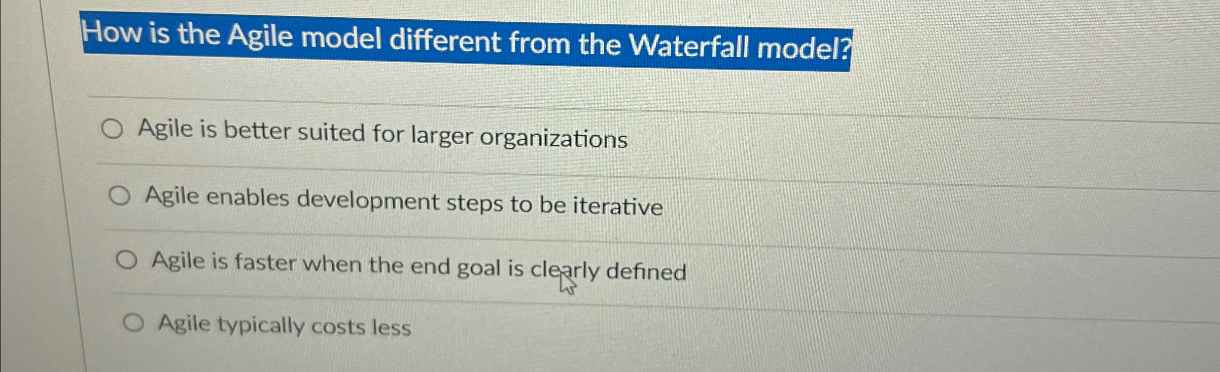 Solved How is the Agile model different from the Waterfall | Chegg.com