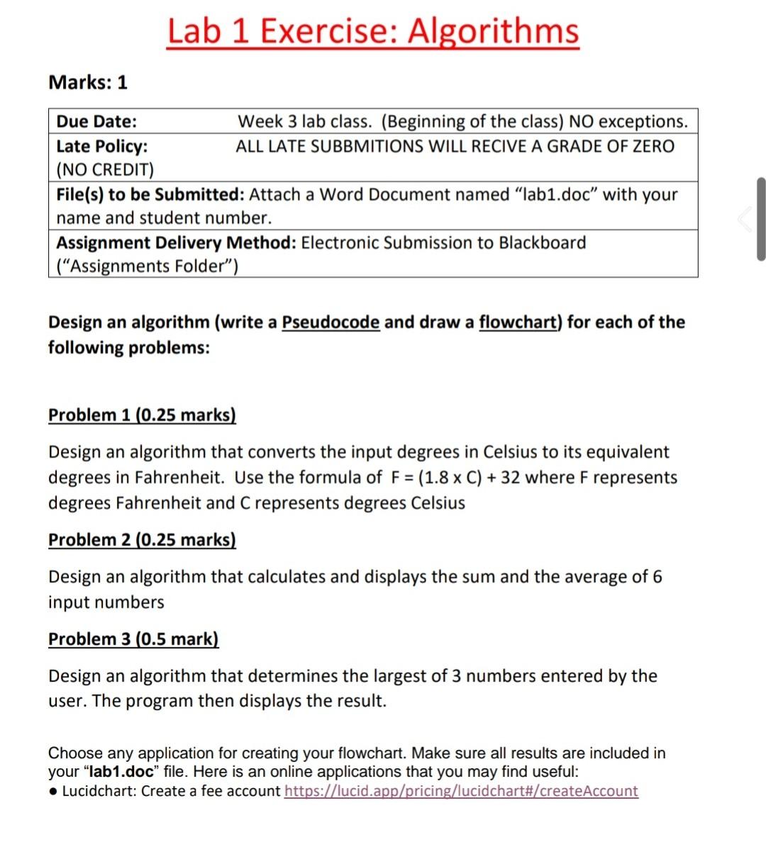 Solved Lab 1 Exercise: Algorithms Marks: 1 Due Date: Week 3 | Chegg.com