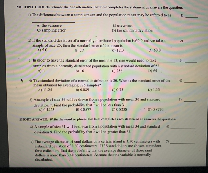 Solved MULTIPLE CHOICE. Choose the one alternative that best | Chegg.com