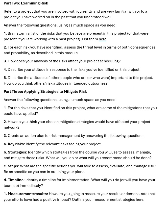 Solved Part Two: Examining RiskRefer to a project that you | Chegg.com