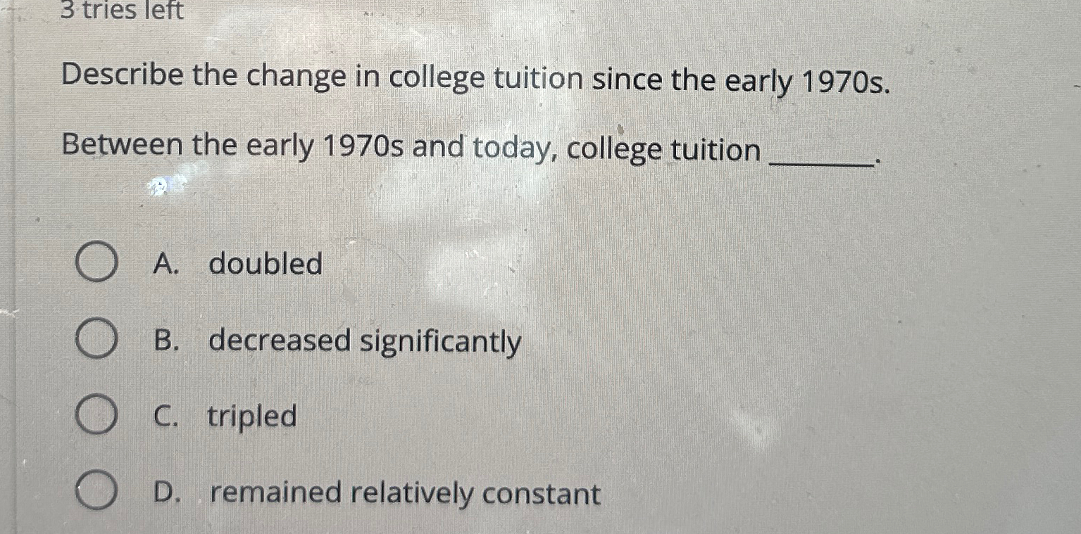 Solved 3 ﻿tries leftDescribe the change in college tuition | Chegg.com