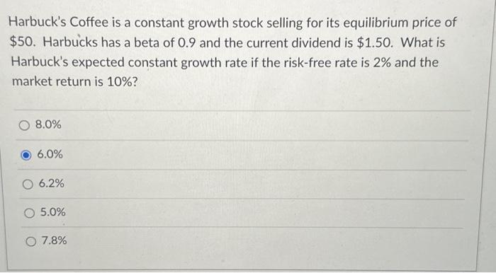 Solved Harbuck's Coffee is a constant growth stock selling | Chegg.com