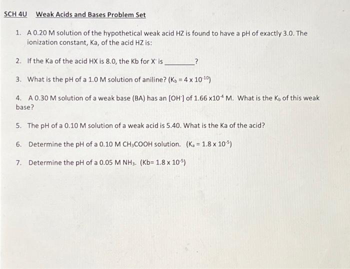 SCH4U Weak Acids and Bases Problem Set 1. A 0.20M | Chegg.com