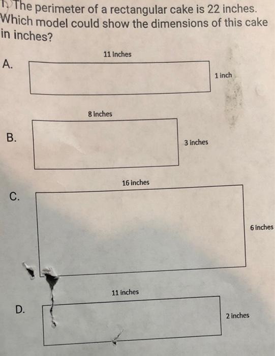 Solved 1. The perimeter of a rectangular cake is 22 inches. | Chegg.com