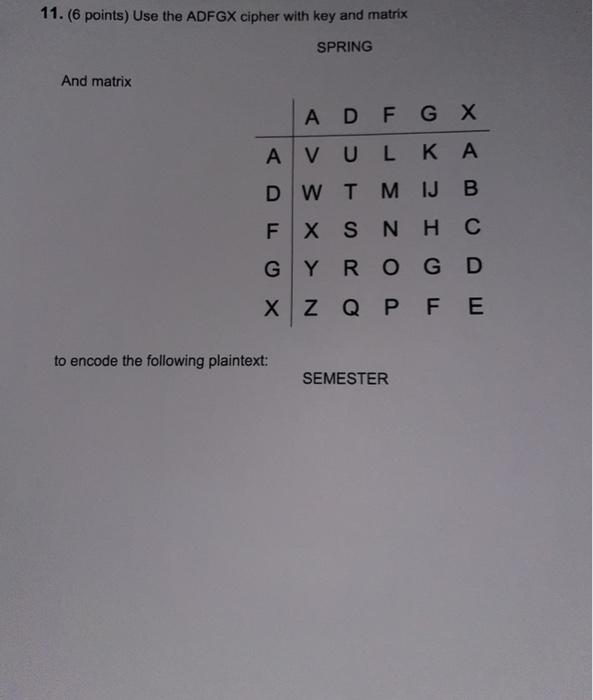 Solved 11. (6 points) Use the ADFGX cipher with key and | Chegg.com