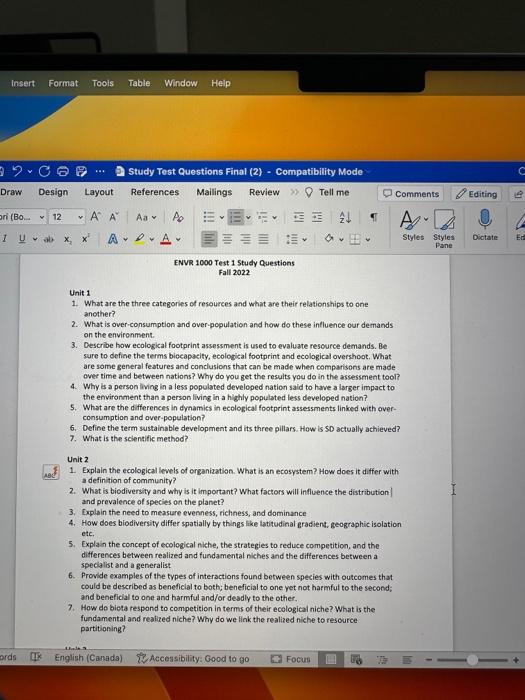 Solved ENVR 1000 Test 1 study Questions Fall 2022 Unit 1 1. | Chegg.com