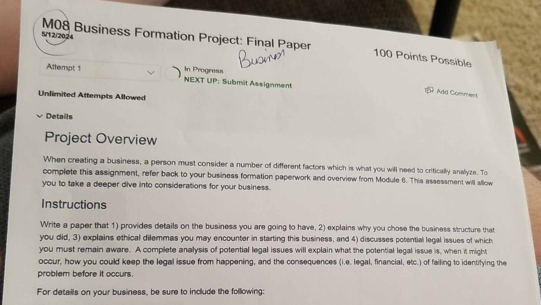 Solved M08 ﻿Business Formation Project: Final Paper | Chegg.com