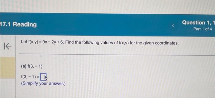 Solved Let f(x,y)=9x−2y+6. Find the following values of | Chegg.com