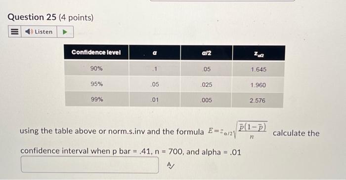 Solved using the table above or norm.s.inv and the formula | Chegg.com