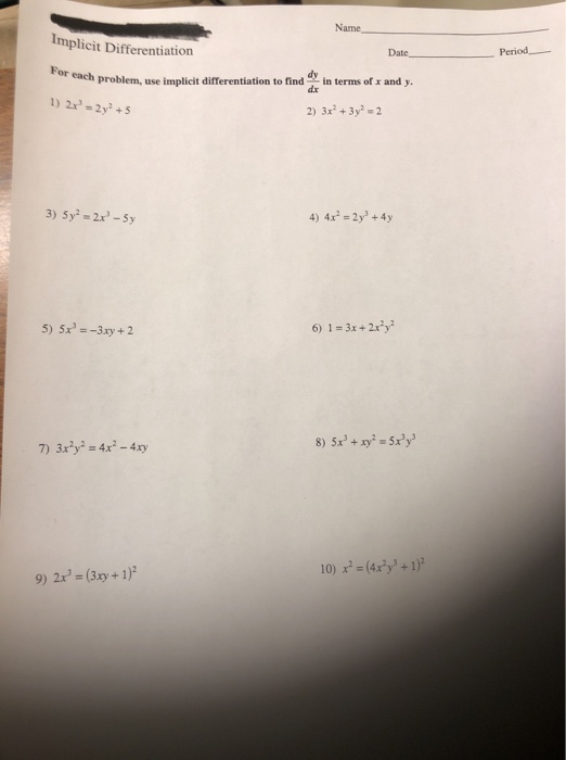 Solved Name Implicit Differentiation Date Period For each | Chegg.com Solved Name Implicit Differentiation Date Period For each | Chegg.com