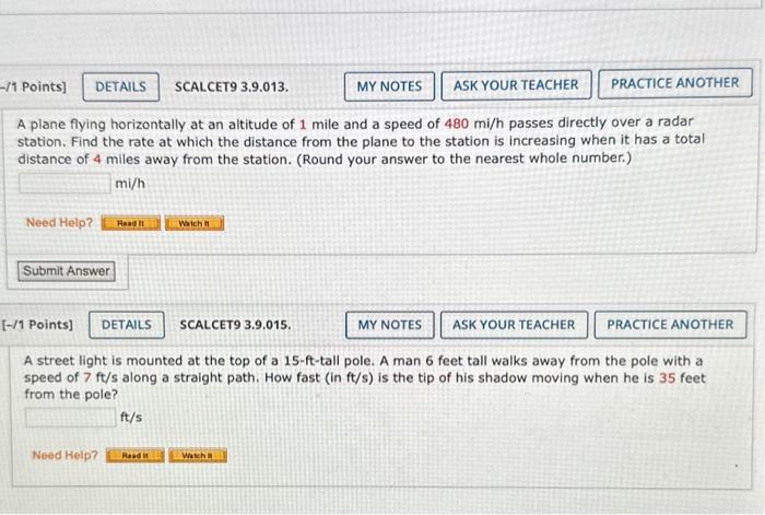 Solved A plane flying horizontally at an altitude of 1 mile | Chegg.com