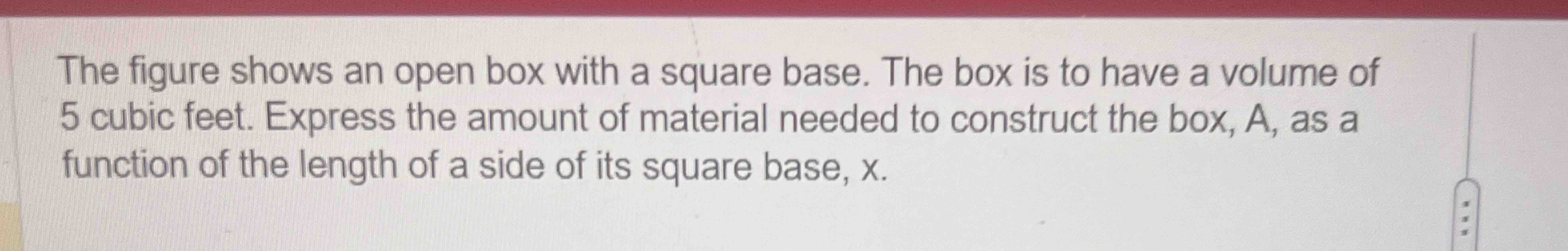 Solved The figure shows an open box with a square base. The | Chegg.com
