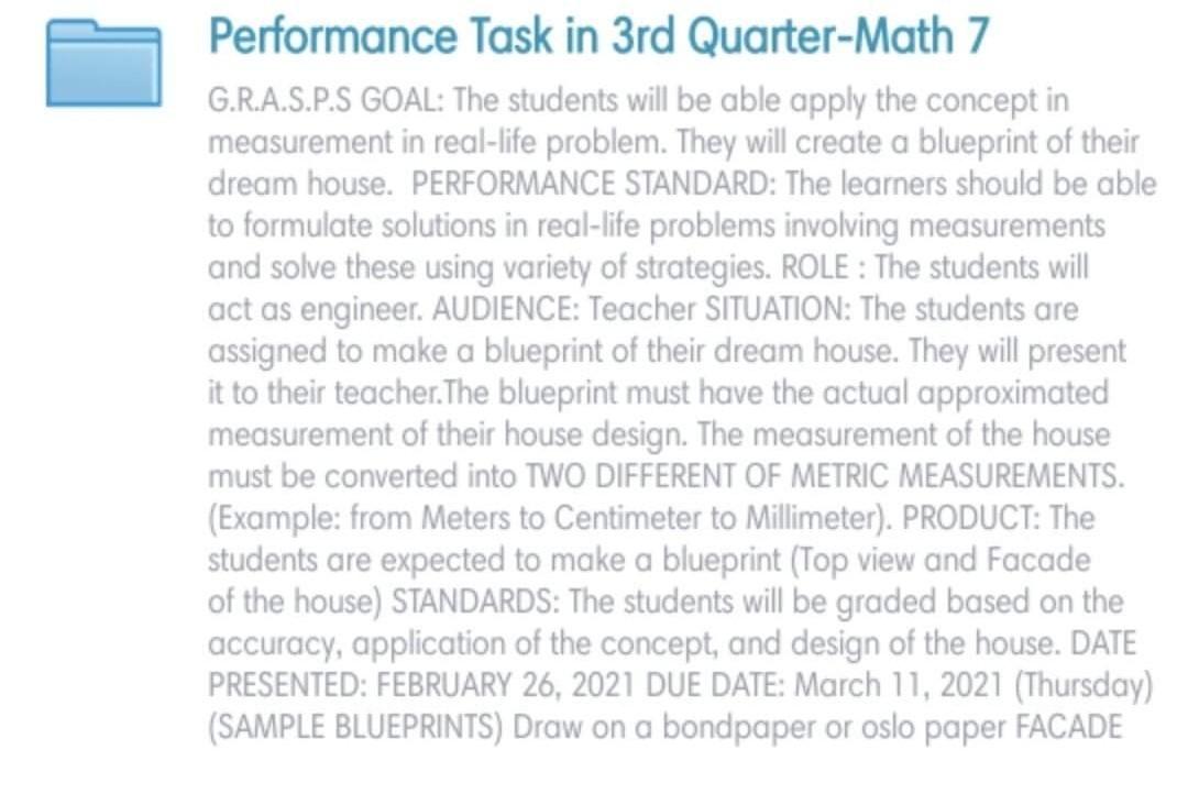 Solved Performance Task in 3rd Quarter-Math 7 G.R.A.S.P.S | Chegg.com