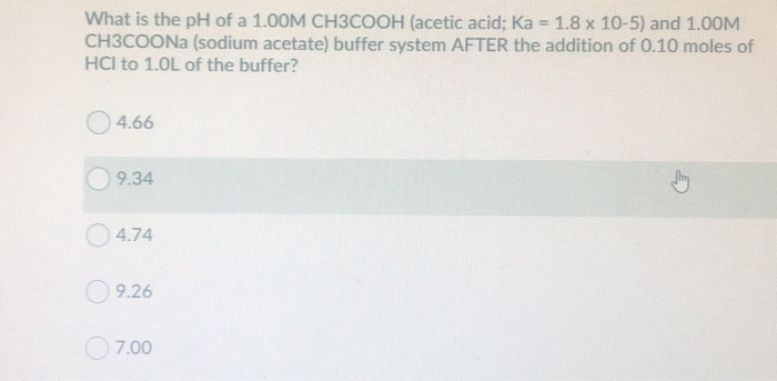 Solved What is the pH of a 1.00M CH3COOH (acetic acid; Ka = | Chegg.com