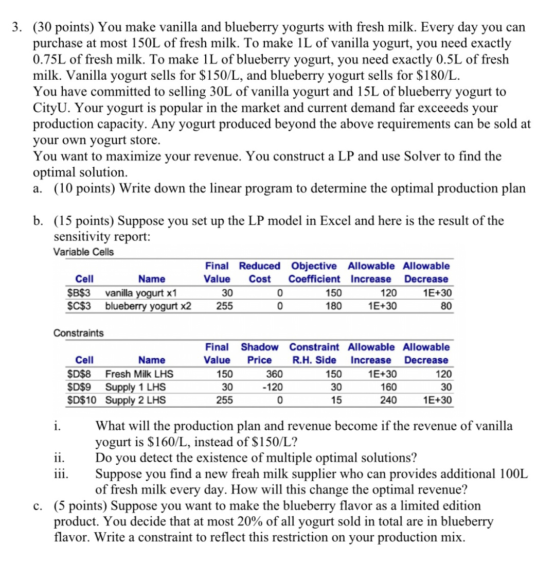 Solved 3. (30 ﻿points) ﻿You make vanilla and blueberry | Chegg.com