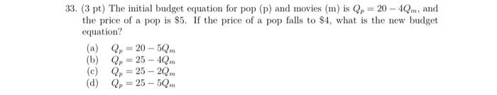 Solved 3. (3 pt) The initial budget equation for pop (p) and | Chegg.com