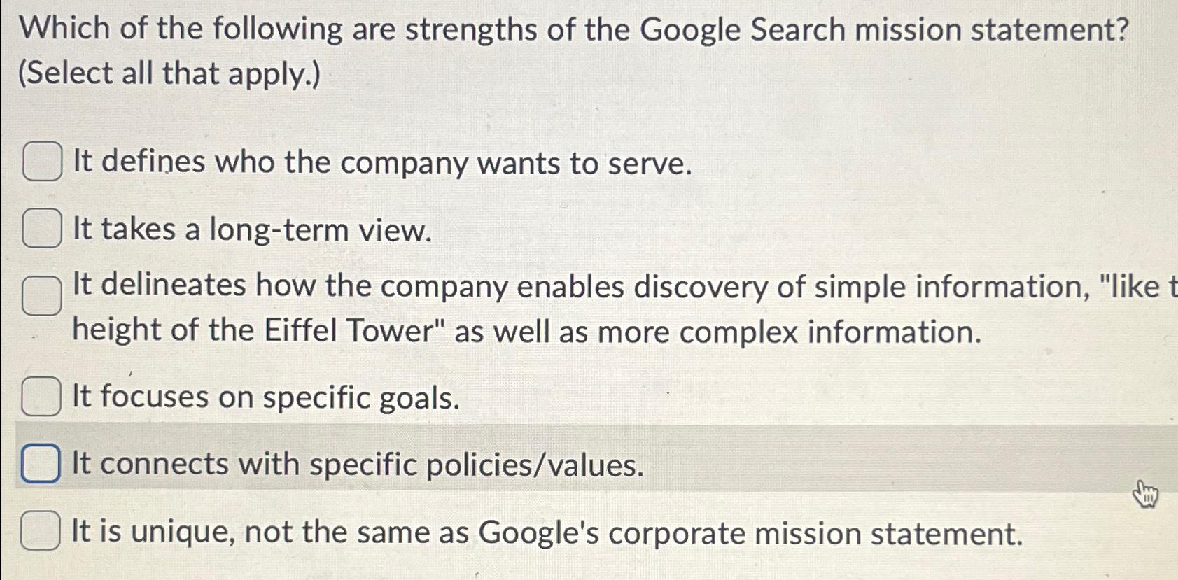 Solved Which of the following are strengths of the Google | Chegg.com