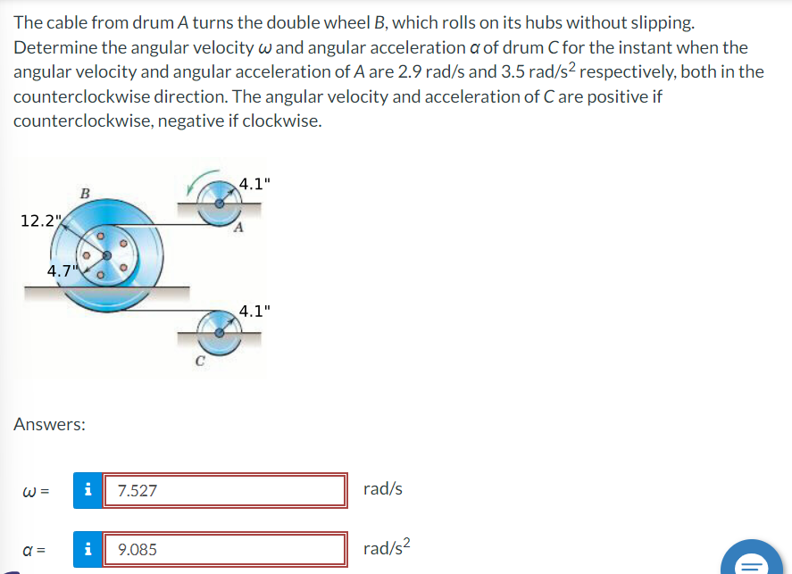 Solved The cable from drum A turns the double wheel B, | Chegg.com
