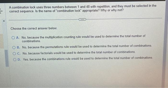 Solved F A combination lock uses three numbers between 1 and | Chegg.com
