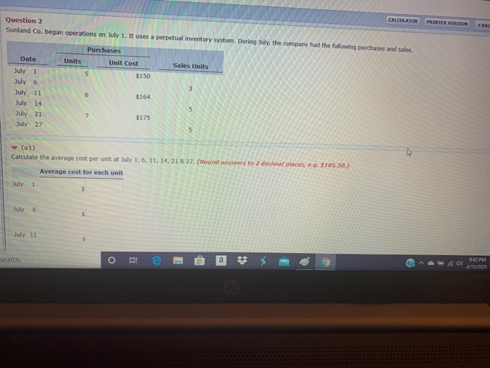 Solved PRINTER VERSION CALCULATOR Question 2 Sunland Co. | Chegg.com