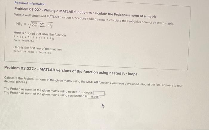 Solved Required Information Problem 03.027. Writing a MATLAB | Chegg.com