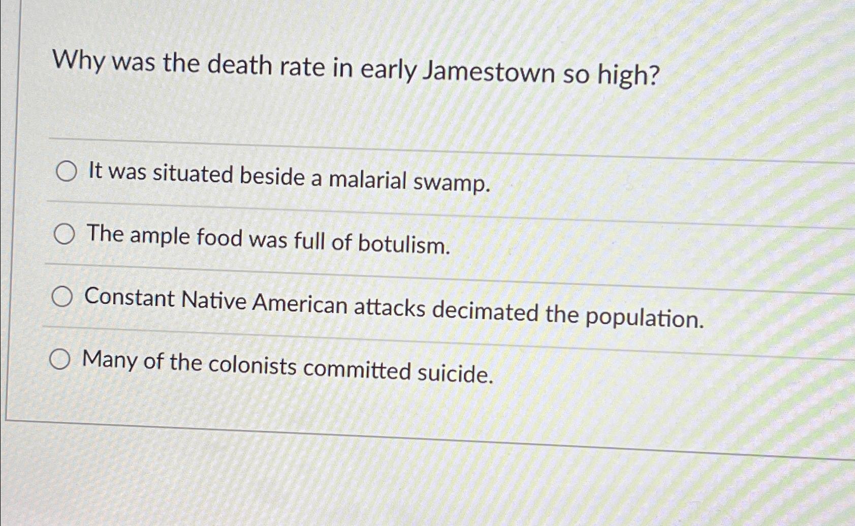 Solved Why was the death rate in early Jamestown so high?It | Chegg.com