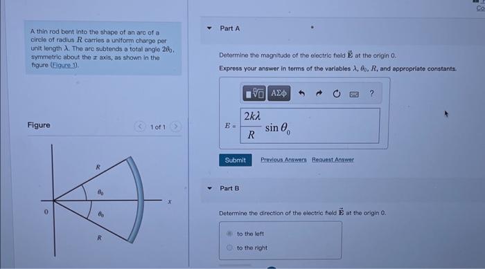 Solved CA Part A A thin rod bent into the shape of an arc of | Chegg.com
