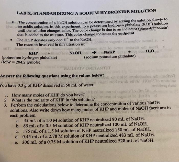 Solved LAB X. STANDARDIZING A SODIUM HYDROXIDE SOLUTION b. | Chegg.com