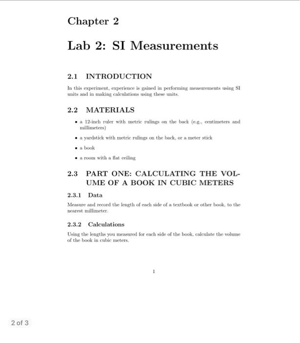 Chapter 2 Lab 2: SI Measurements 2 2.1 INTRODUCTION | Chegg.com