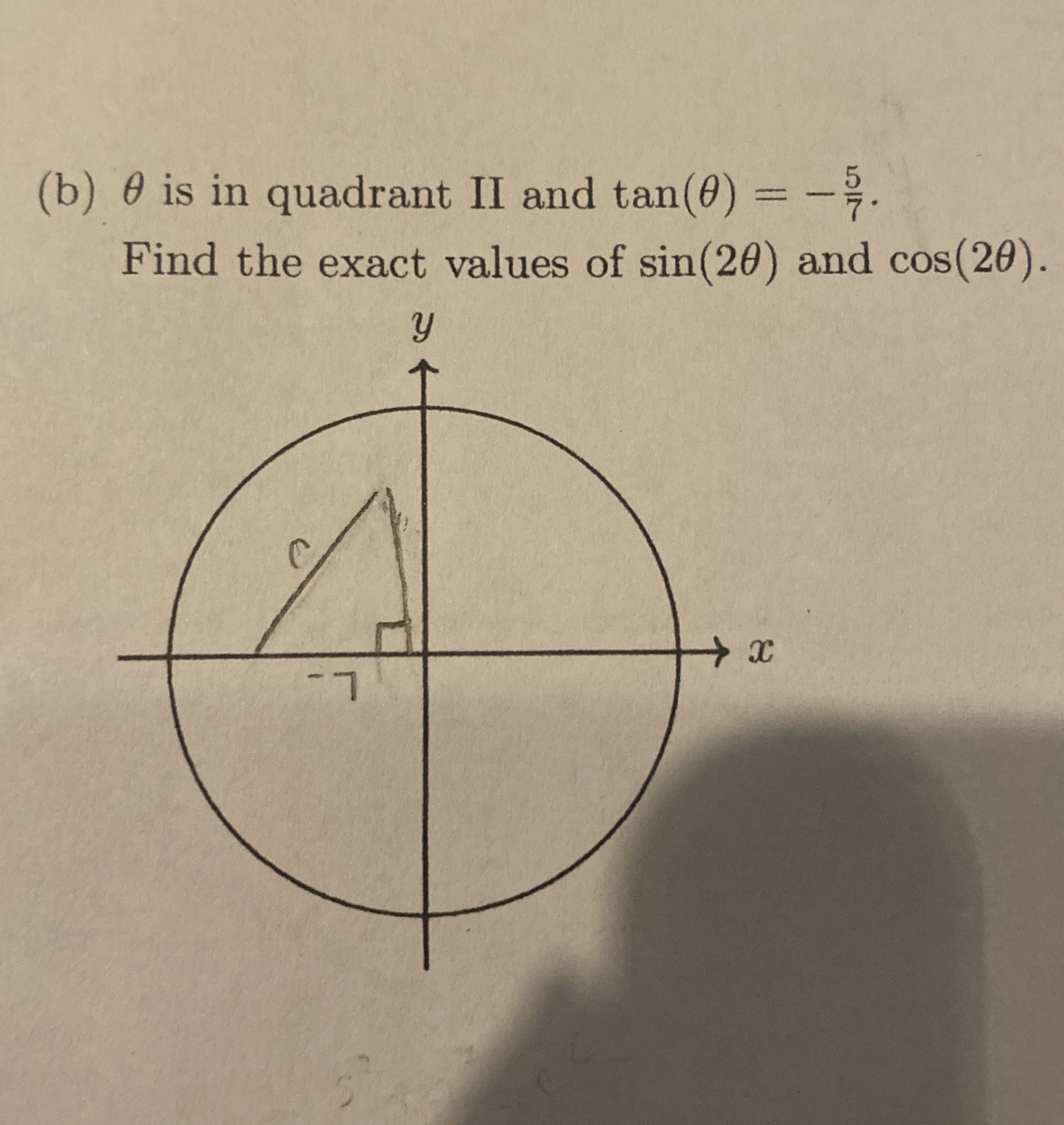 Solved (b) θ ﻿is in quadrant II and tan(θ)=-57.Find the | Chegg.com