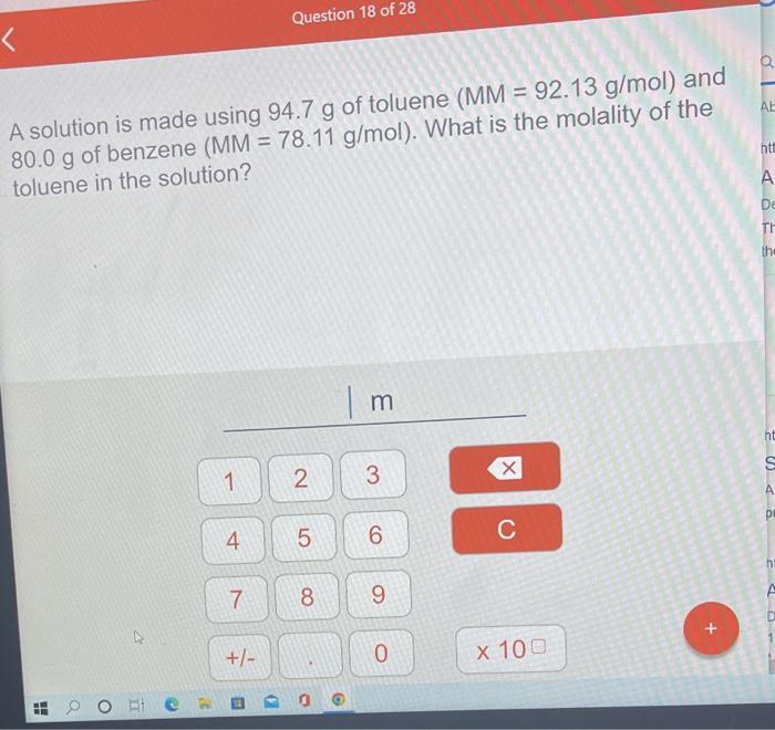 Solved A solution is made using 94.7 g of toluene (MM =92.13 | Chegg.com