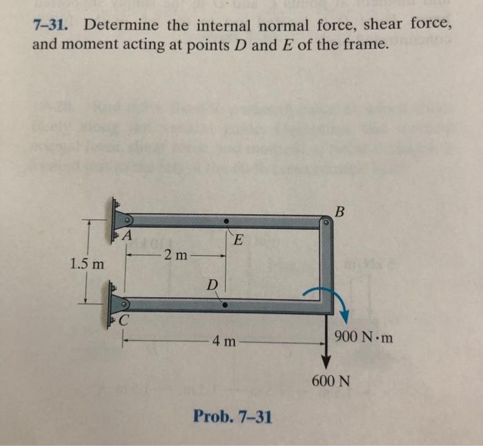 Solved 7–31. Determine the internal normal force, shear | Chegg.com