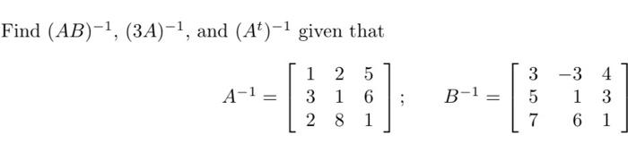 Solved Find (AB)-1, (3A)-1, and (At) -1 given that A-1 = 1 | Chegg.com