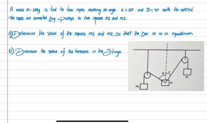 Solved A mass m=10 kg is tied to two ropes making an angle | Chegg.com