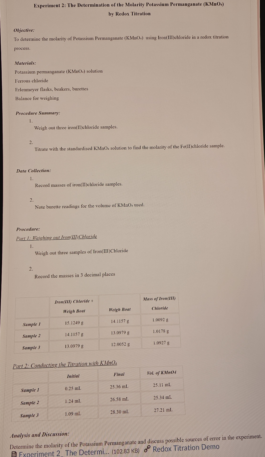 Solved Experiment 2: The Determination of the Molarity | Chegg.com Solved Experiment 2: The Determination of the Molarity | Chegg.com