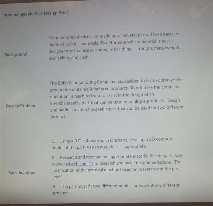 Solved Interchangeable Part Design Brief Manufactured | Chegg.com