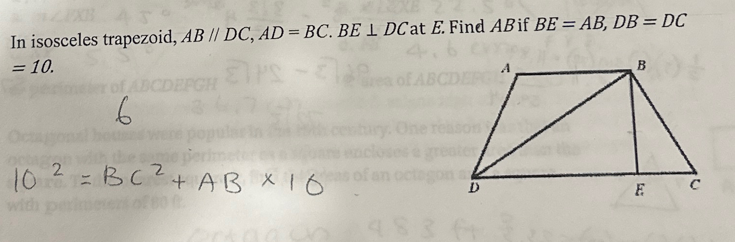 Solved In isosceles trapezoid, |)DC ﻿at E. ﻿Find AB ﻿if | Chegg.com