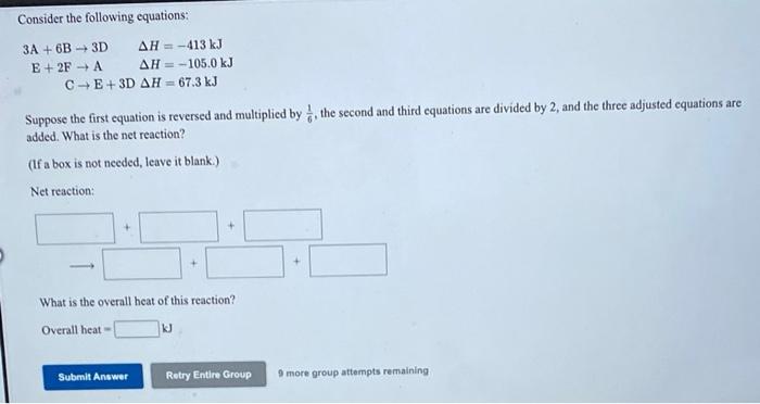Solved Consider the following equations: 3A +6B 3D AH = -413 | Chegg.com