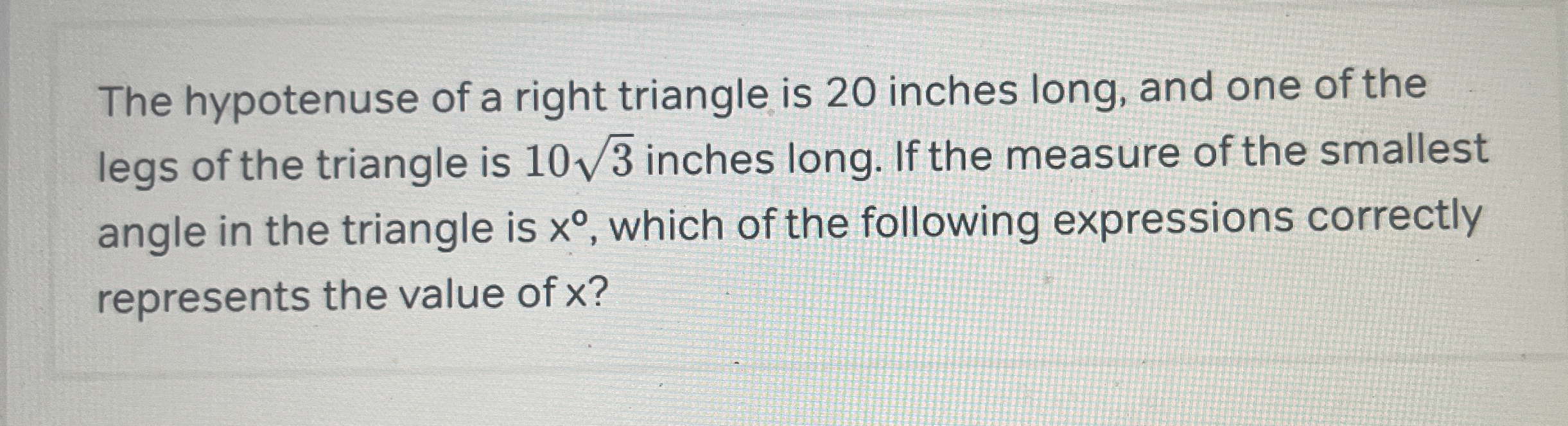 Solved The hypotenuse of a right triangle is 20 ﻿inches | Chegg.com
