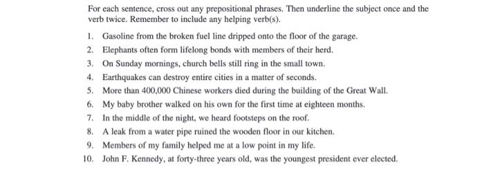 For each sentence, cross out any prepositional | Chegg.com