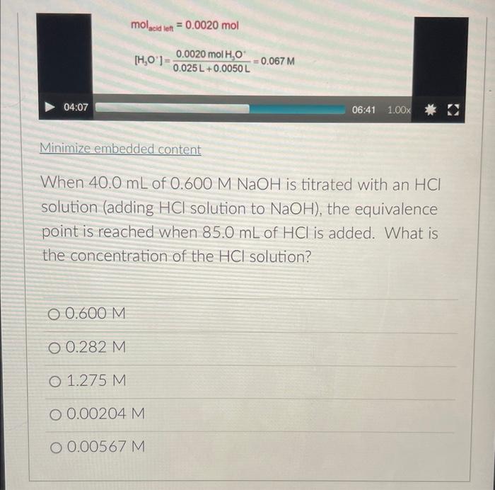 Solved molacid lef =0.0020 mol[H3O′]=0.025 L+0.0050 | Chegg.com